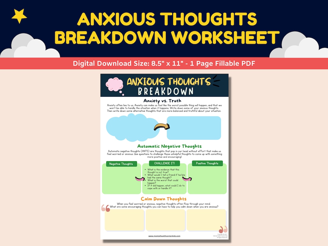 Anxiety Thoughts CBT Fillable Worksheet Kids Teens - Printable Therapy ...