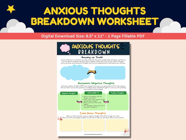 Anxiety Thoughts CBT Fillable Worksheet Kids Teens - Printable Therapy ...