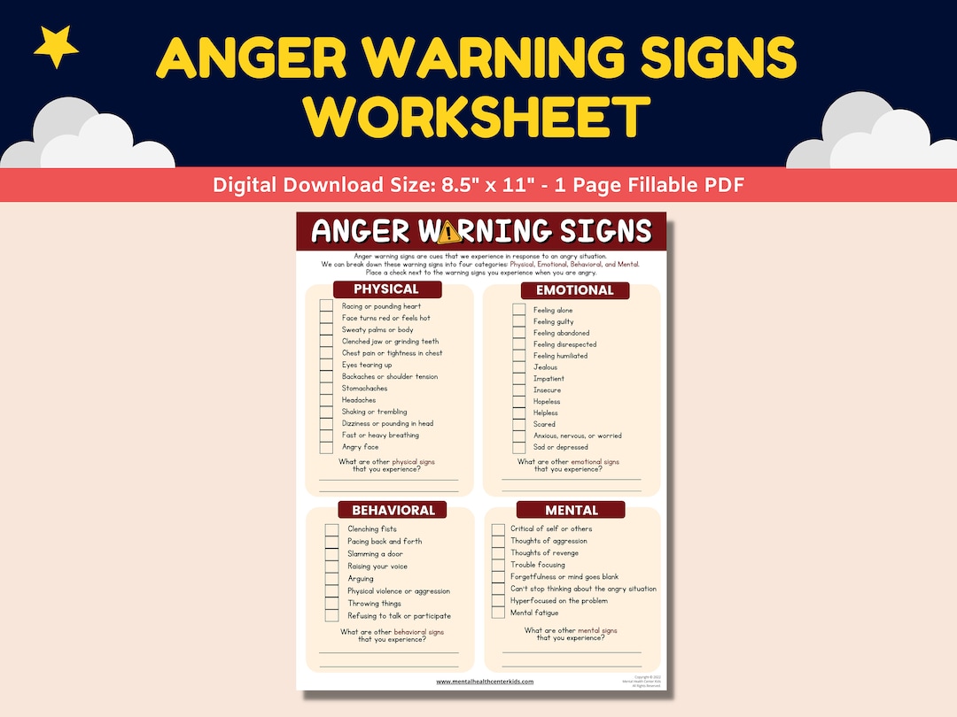 Anger Warning Signs Symptoms Worksheet for Teens Adolescents-printable ...