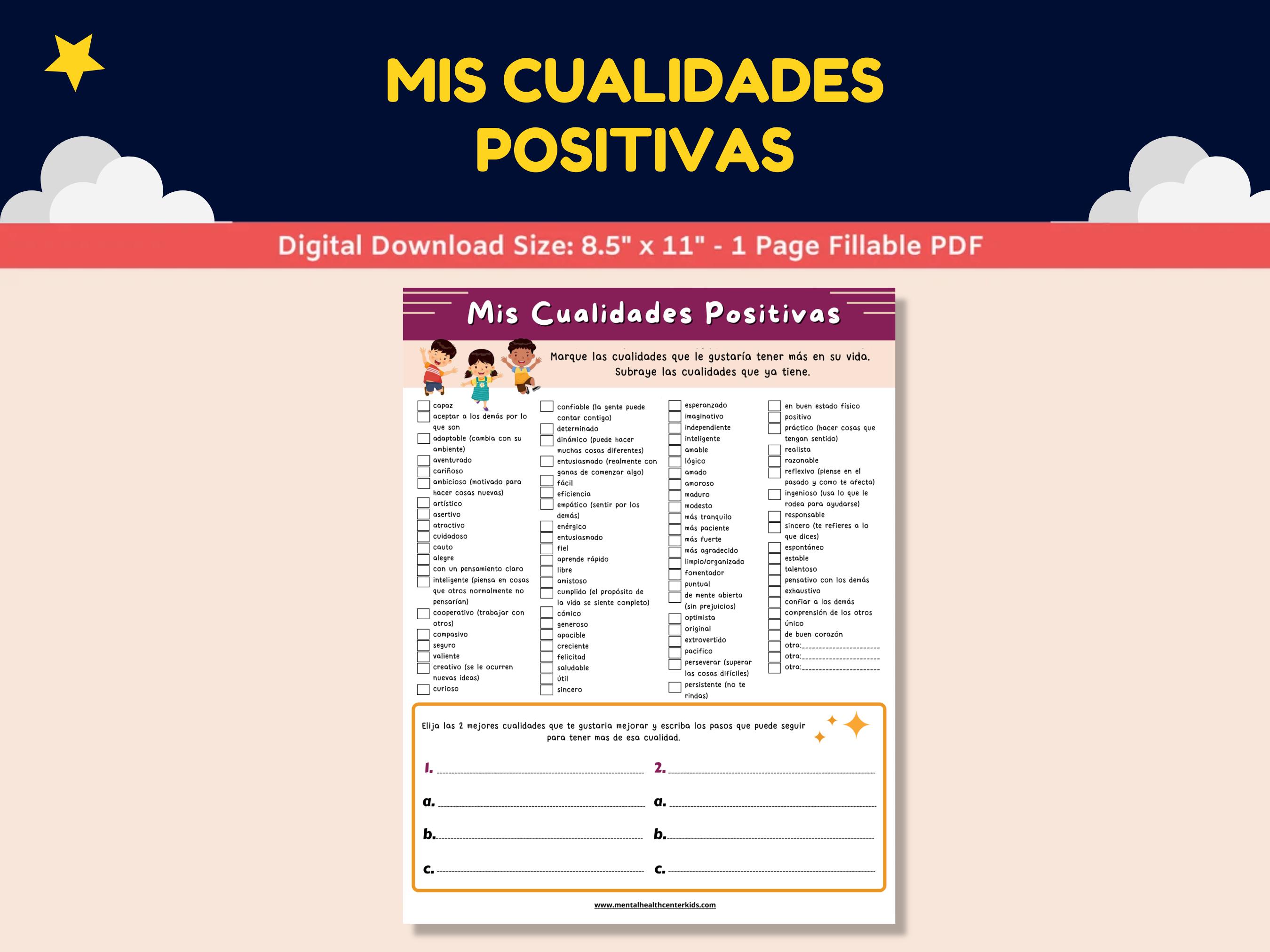 Spanish Self-esteem Worksheet for Kids-teens - Mis Cualidades Positivas ...