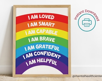 Rainbow Affirmations for Kids Digital, Neutral Affirmations Print, I Am ...