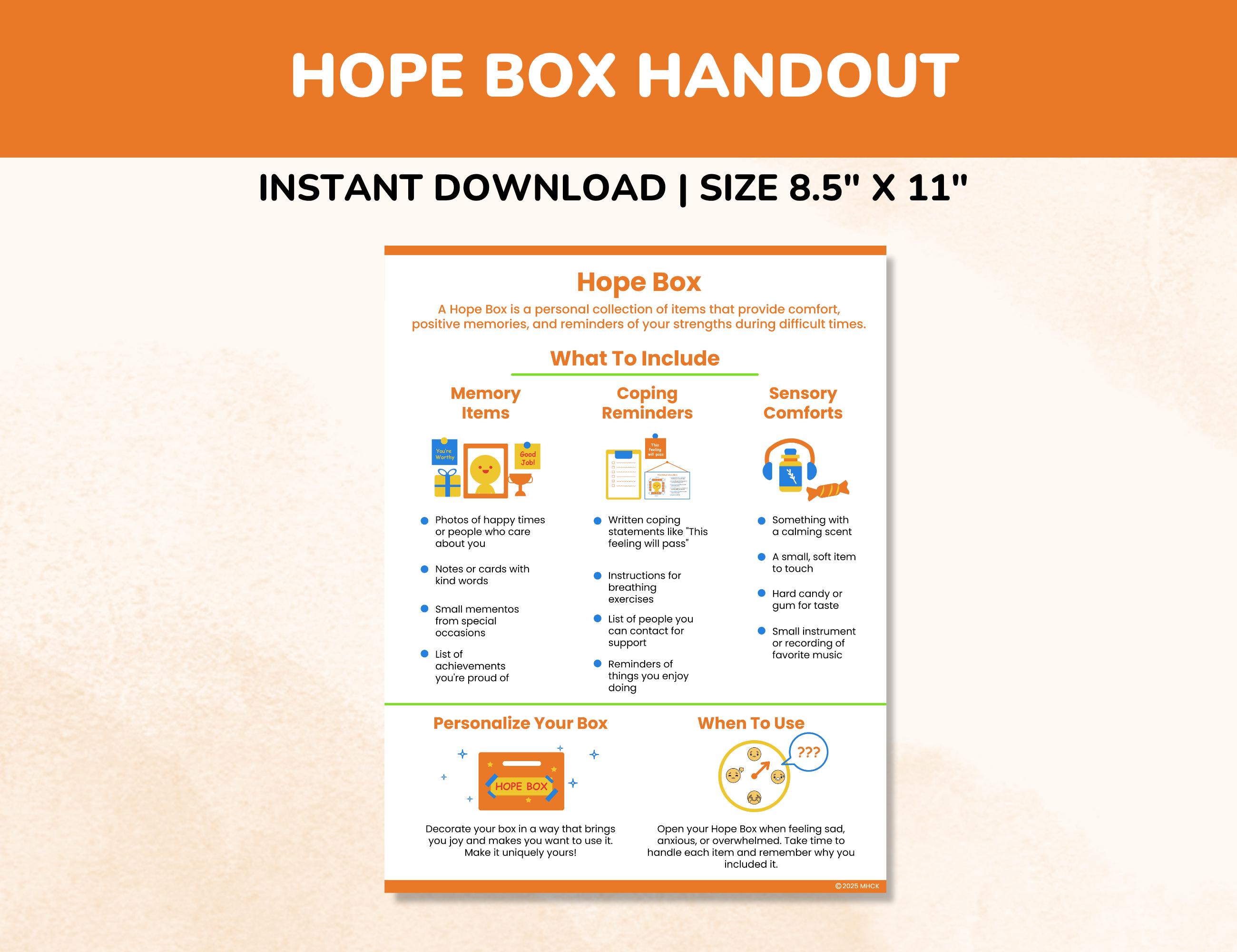 Hope Box Coping Skills Handout-therapy Resources for Kids Teens Adults ...