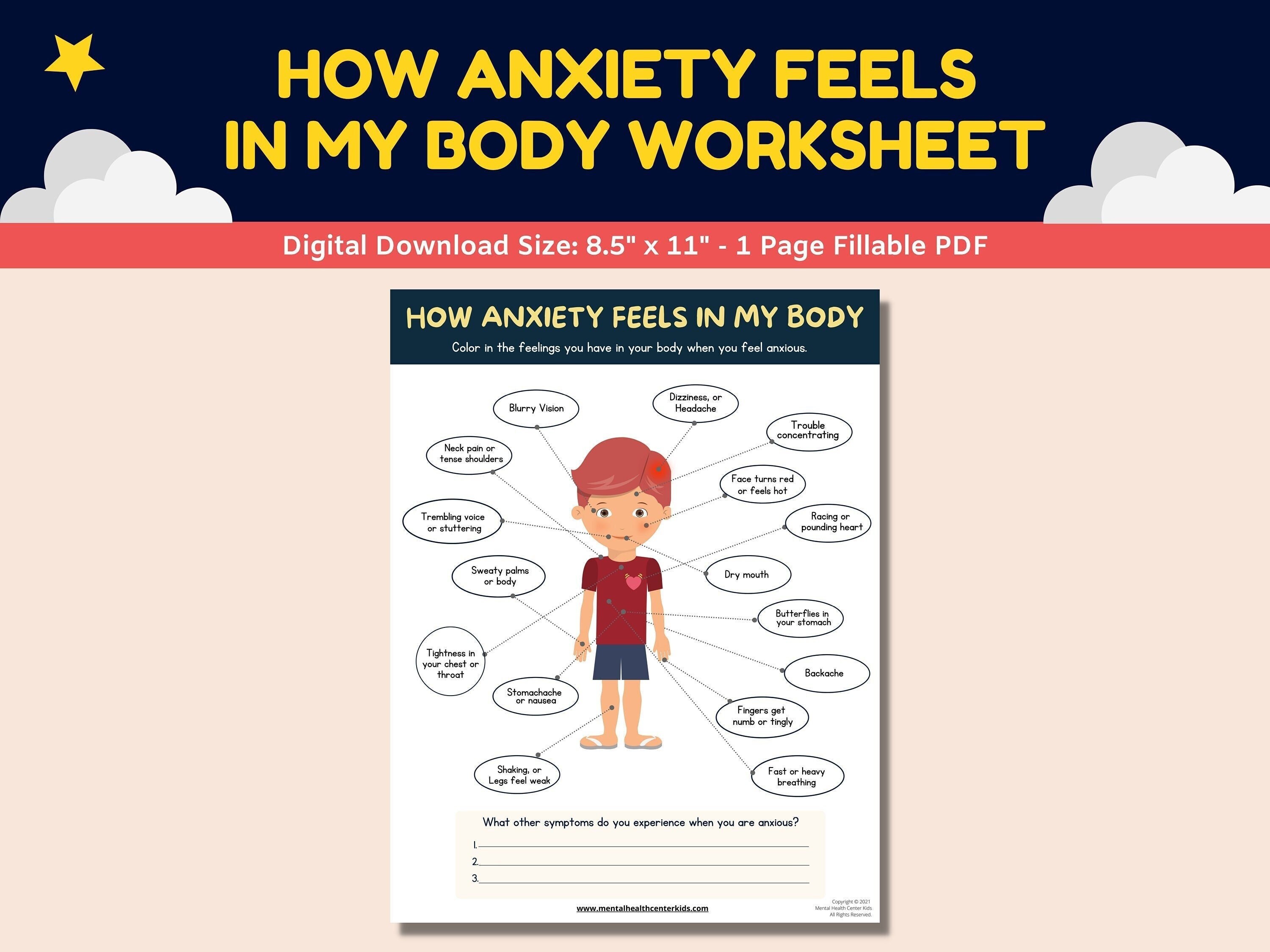 Anxiety Symptoms Body Signals Fillable Worksheet Children | Etsy
