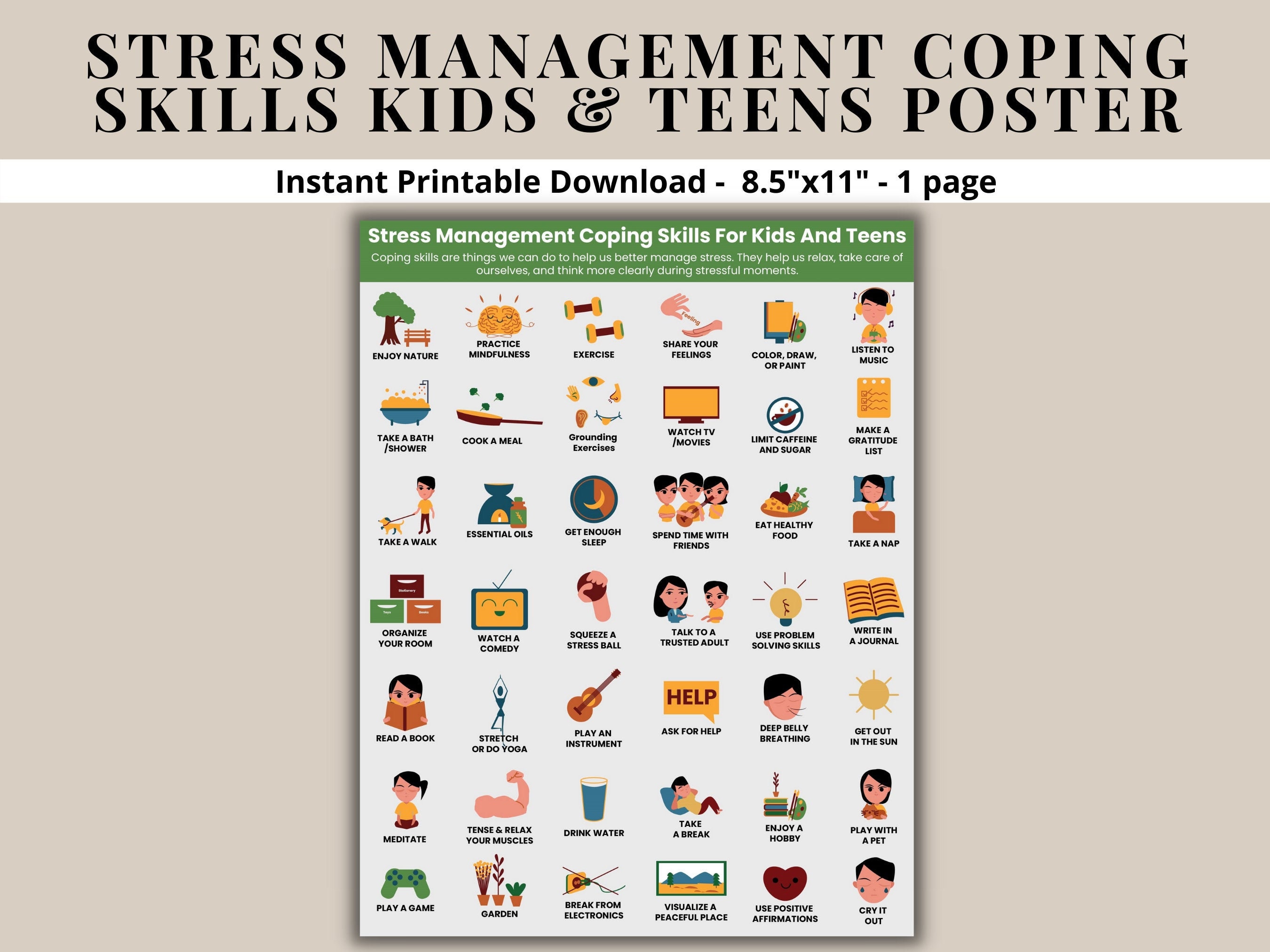 Stress Management Coping Skills Kids & Teens Printable Poster | Etsy