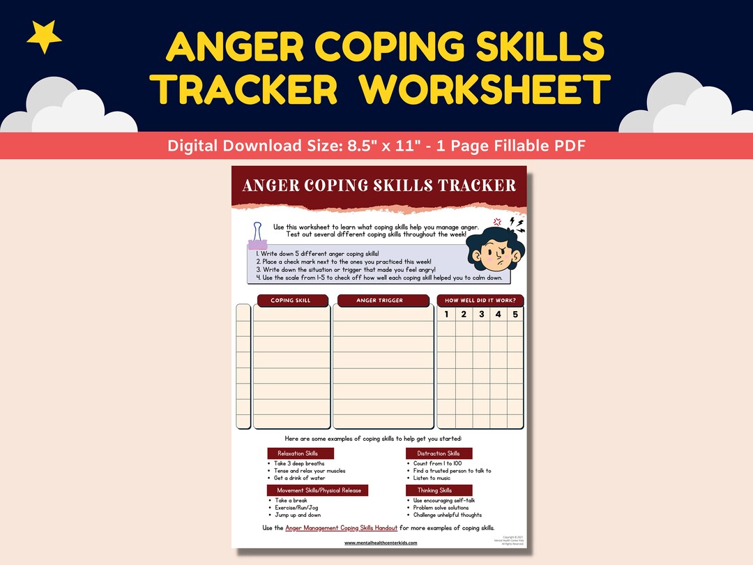 Anger Management Coping Skills Tracker Fillable Worksheet Kids Teens ...