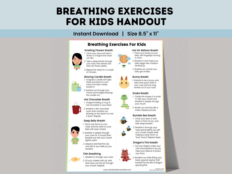 Breathing Exercises Coping Skills for Kids Teens Printable - Etsy