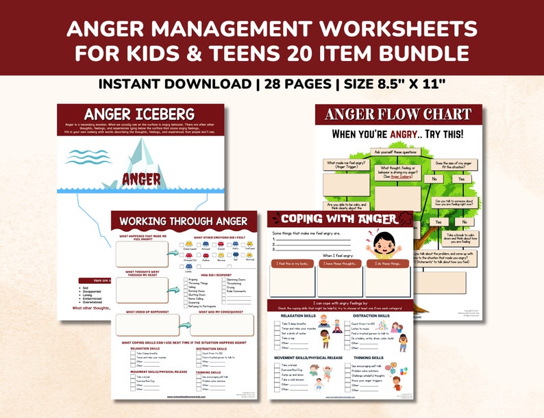 Anger Management Worksheets 20 Item Printable Bundle for Kids & Teens ...