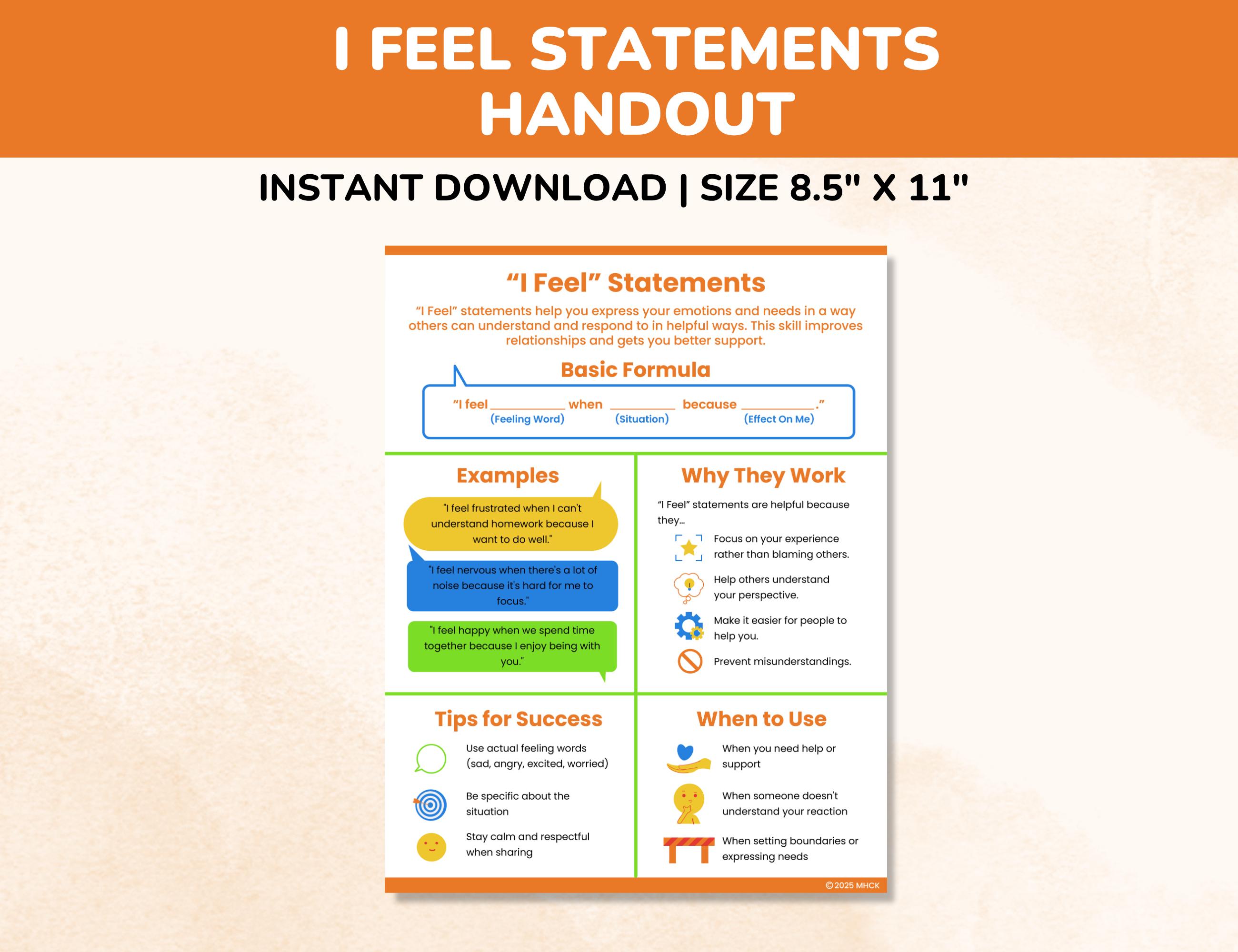 I Feel Statements Coping Skills Handout-mental Health Kids Teens Adults ...