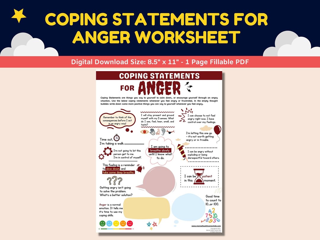 Anger Coping Statements Worksheet Kids Teens Anger Management - Etsy