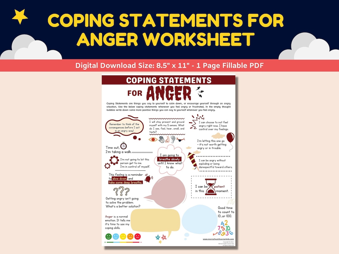 Anger Coping Statements Worksheet Kids Teens Anger Management | Etsy