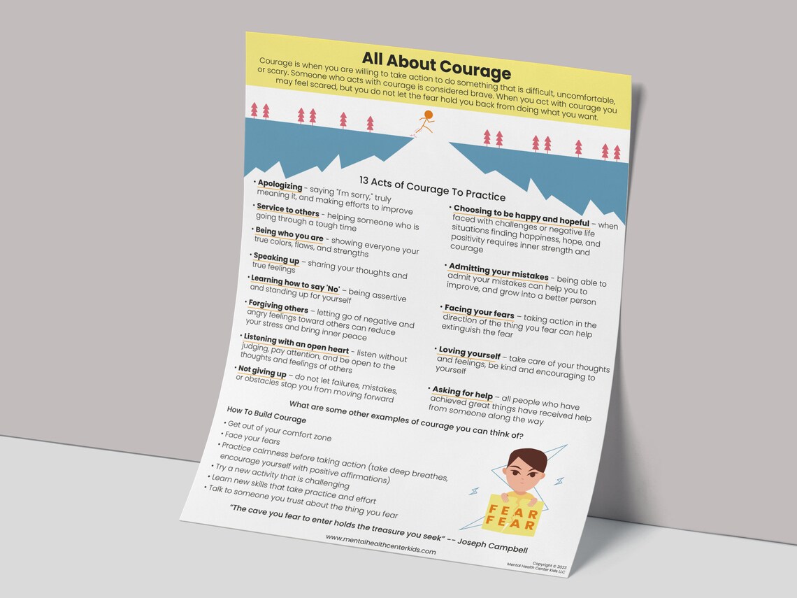 Courage Character Education for Kids Teens, Therapy Worksheets ...