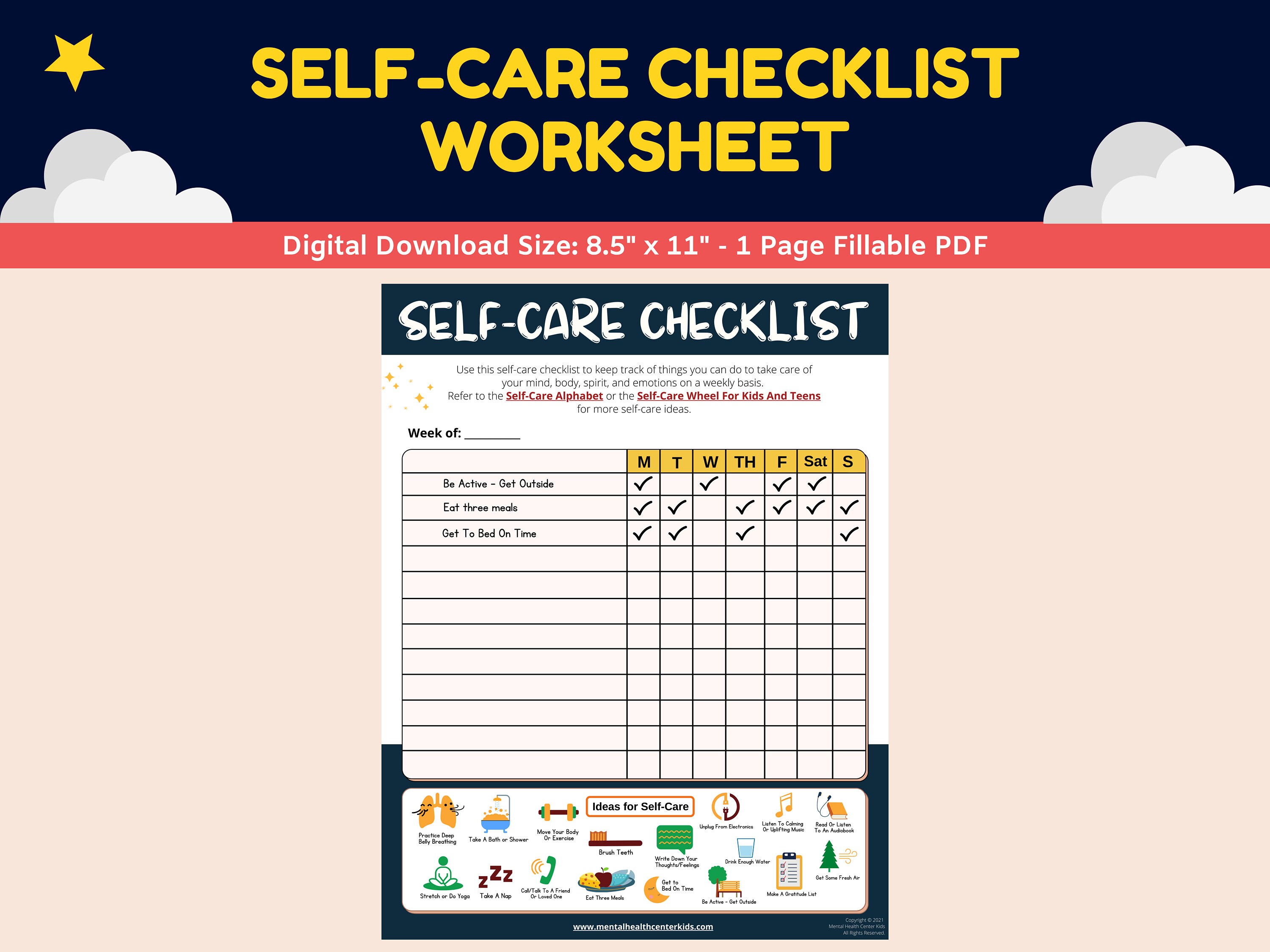 Self-care Checklist Worksheet Kids Teens Young Adults - Mental Health ...