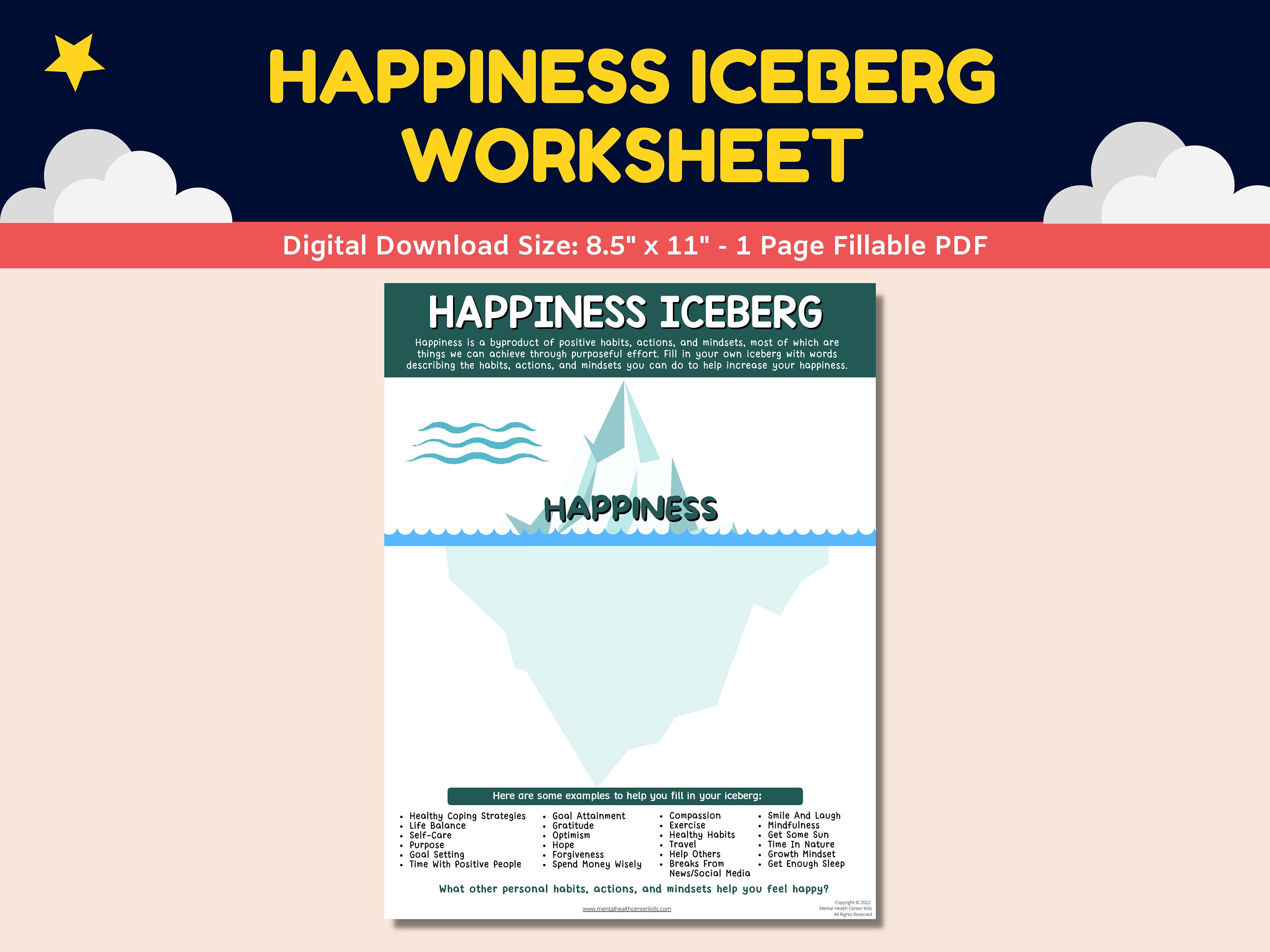 Happiness Iceberg Mental Health Fillable Worksheet Depression ...
