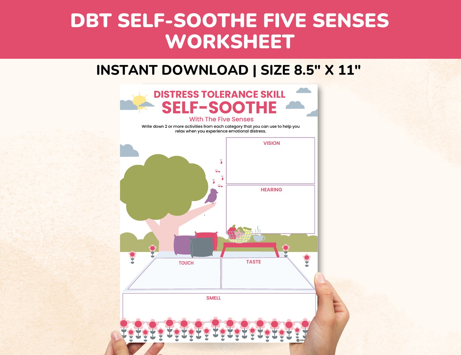 DBT Self-soothing Worksheet With 5 Senses 3-pages-distress Tolerance ...