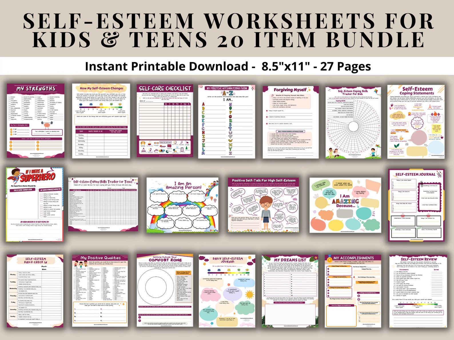 Self-esteem Worksheets 20 Item Printable Bundle for Kids & | Etsy