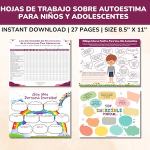 Spanish Self-esteem Worksheets 20 Item Bundle for Kids-teens - Hojas De ...