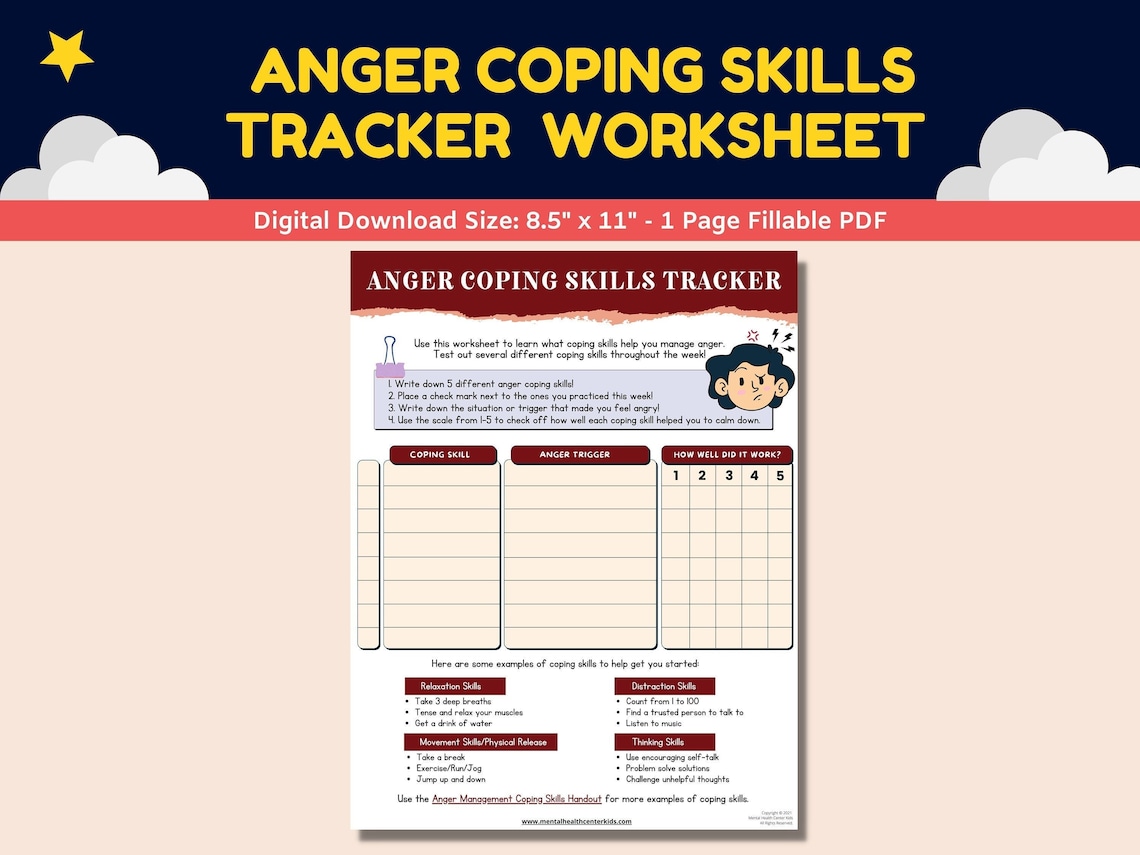 Anger Management Coping Skills Tracker Fillable Worksheet Kids - Etsy