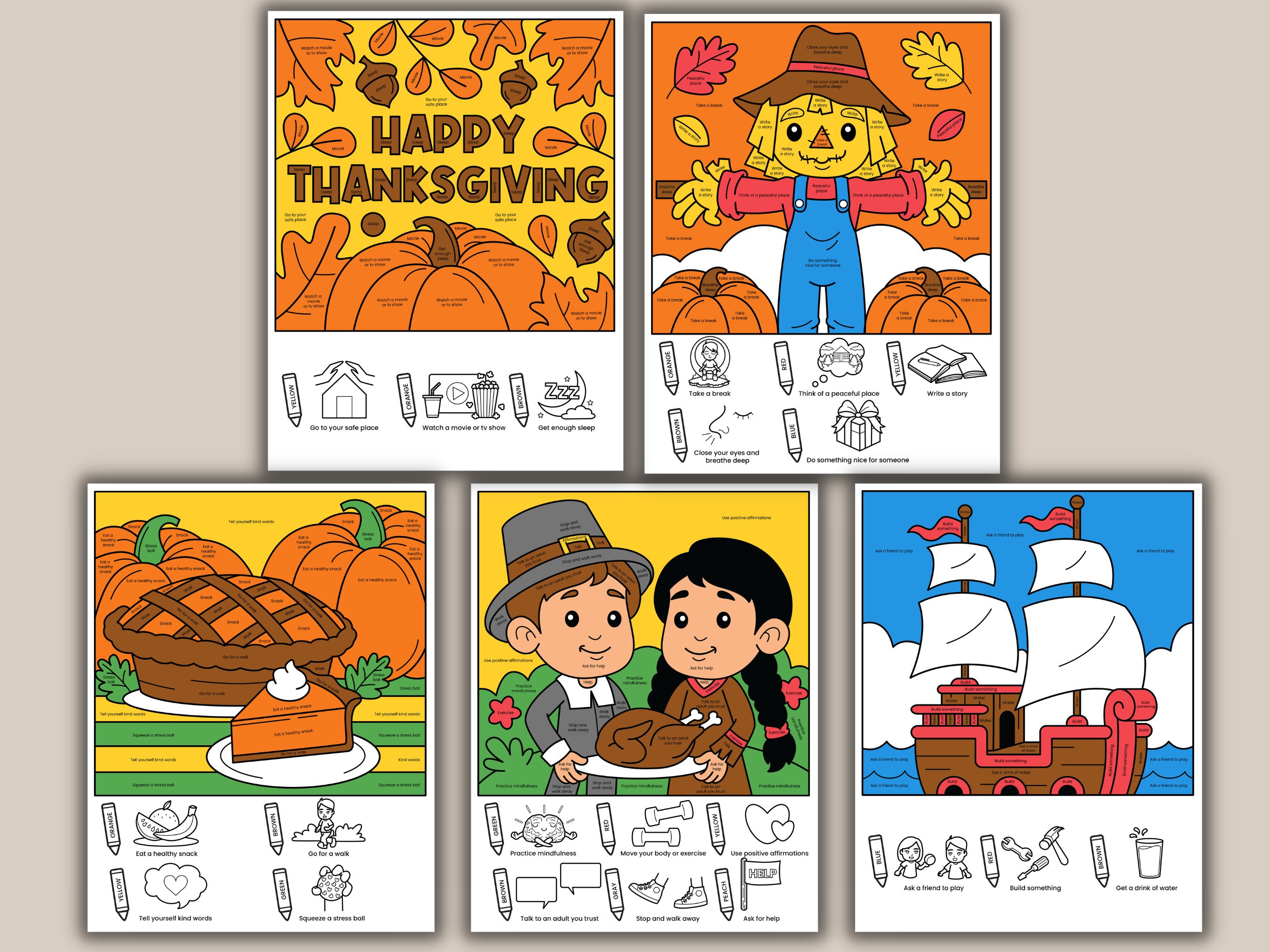 Thanksgiving Color by Coping Skills Coloring Pages Book - Etsy