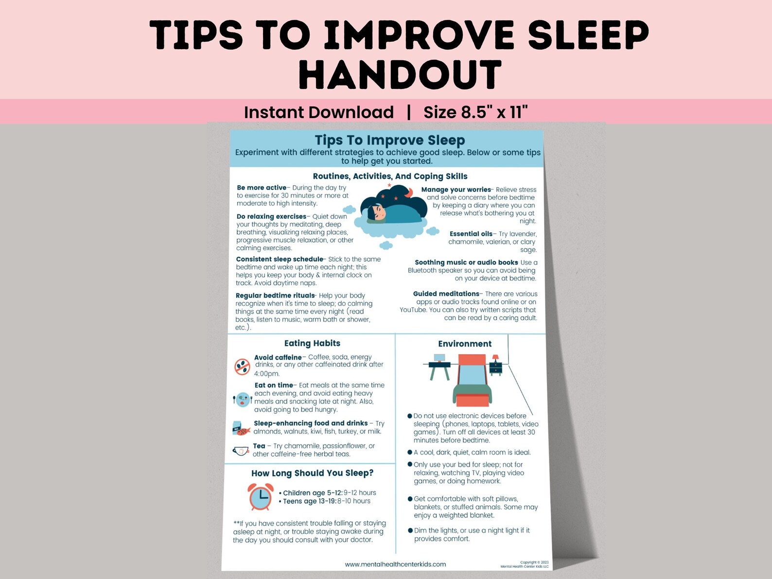 Tips to Improve Sleep Hygiene Printable Therapy Poster, Sleep Chart for ...