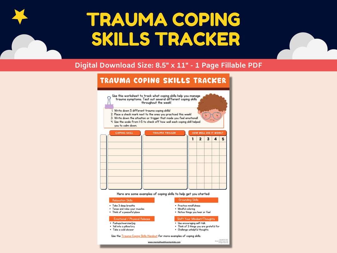Trauma Coping Skills Tracker Fillable Worksheet Kids Teens Child ...