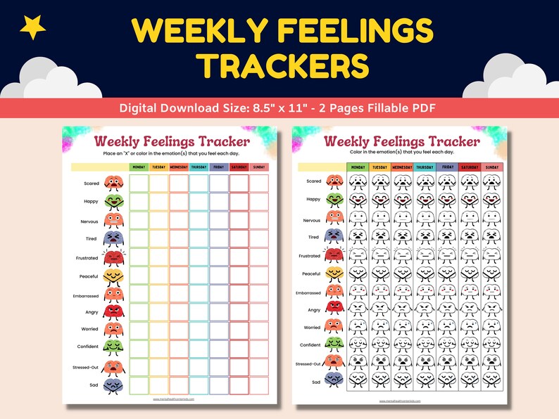 Weekly Feelings Tracker Emoji Worksheets 6 Page | Etsy