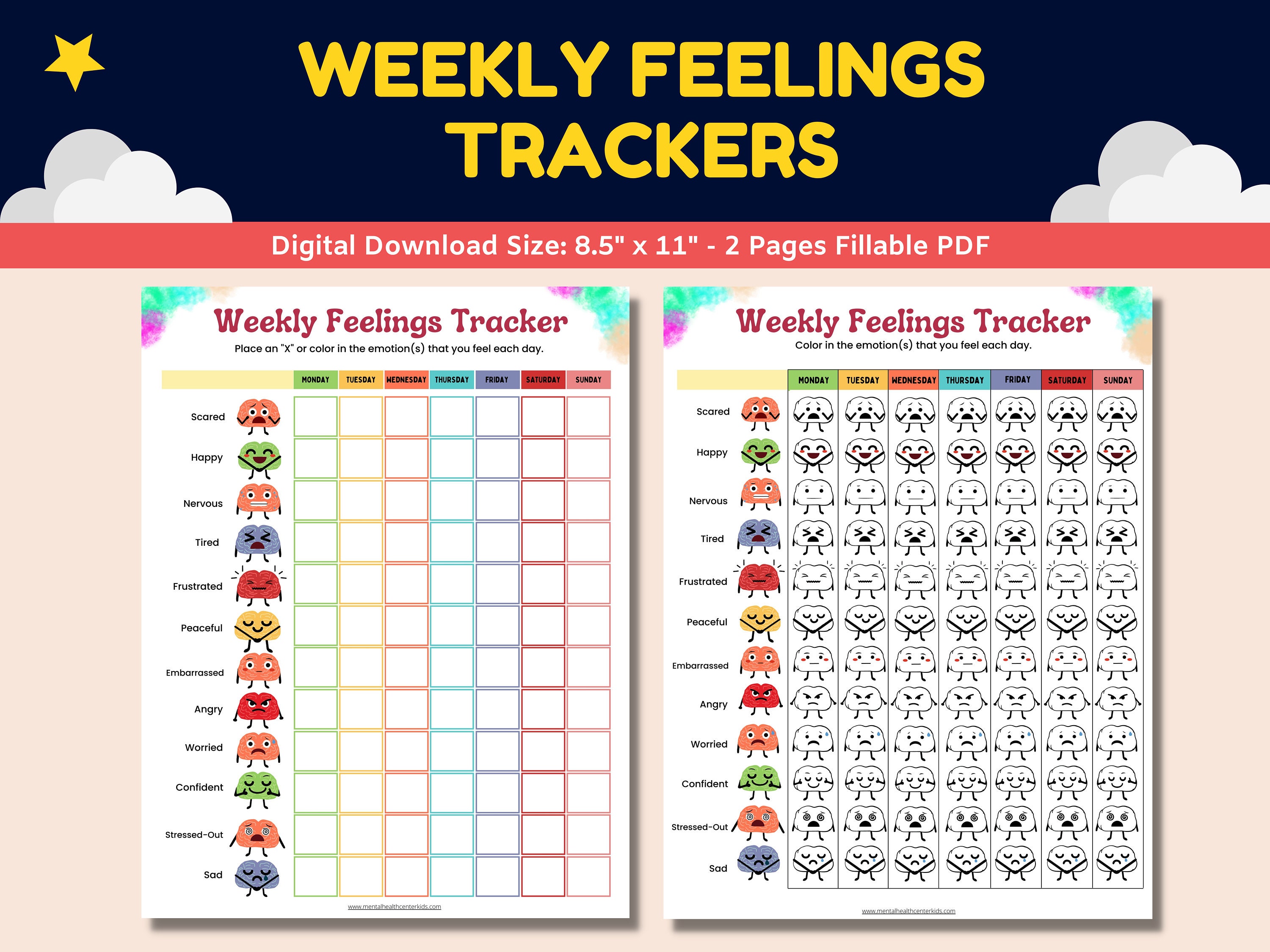 Weekly Feelings Tracker Emoji Worksheets 6 Page Set-identifying ...