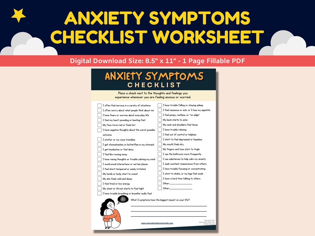 Anxiety Symptoms Checklist Worksheet for Teens-adolescent Worry Anxiety ...