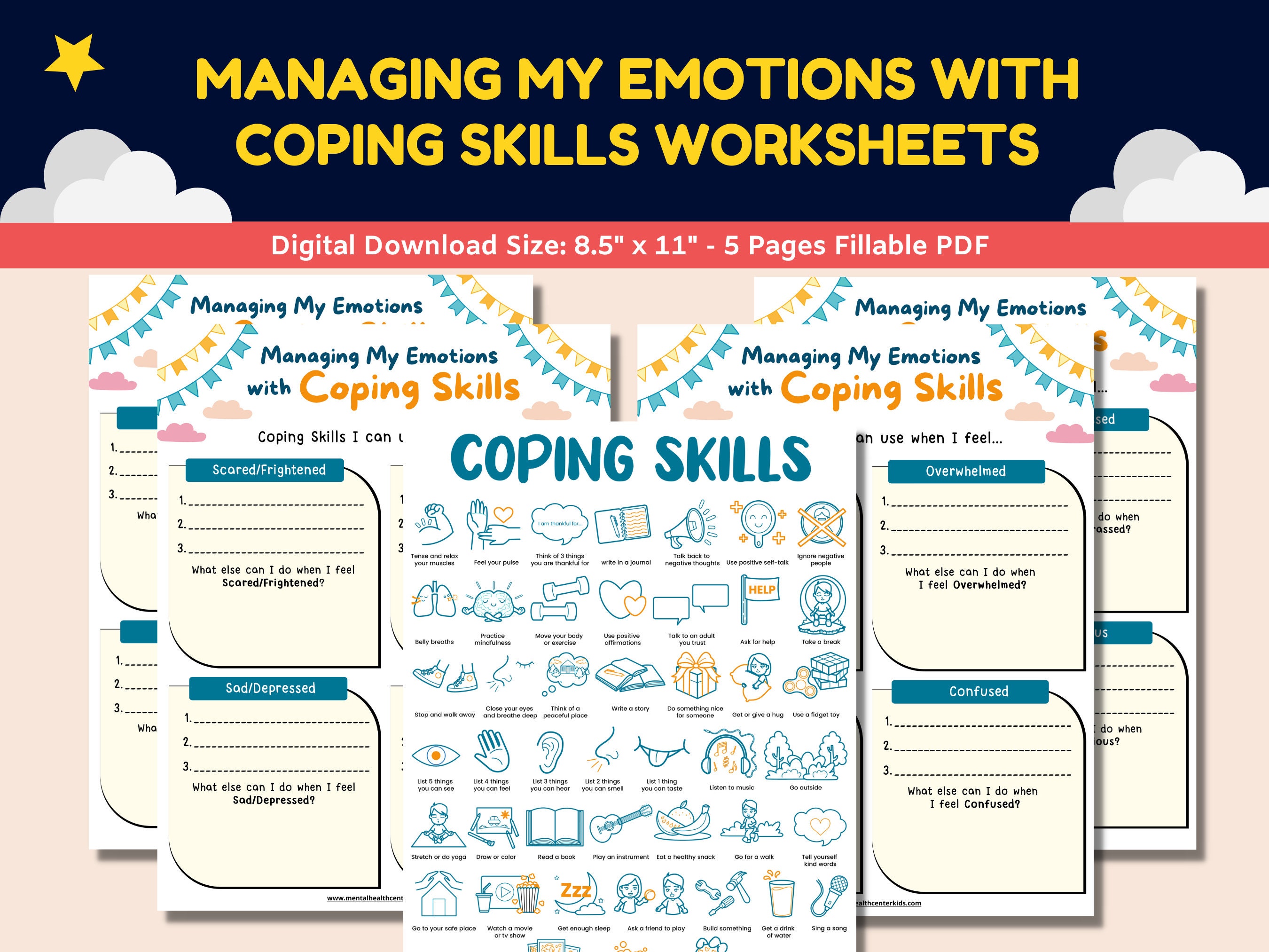 Managing Emotions & Feelings With Coping Skills 5 Pg Worksheets for ...