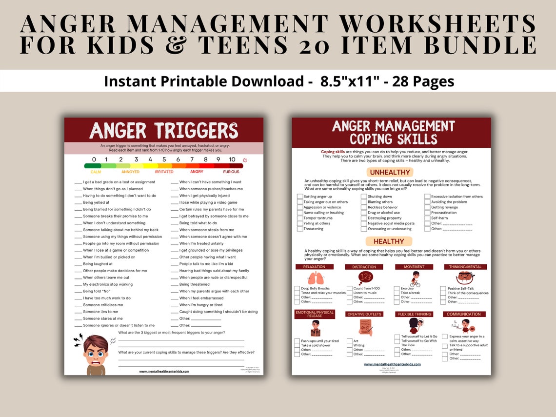 Anger Management Worksheets 20 Item Printable Bundle for Kids - Etsy