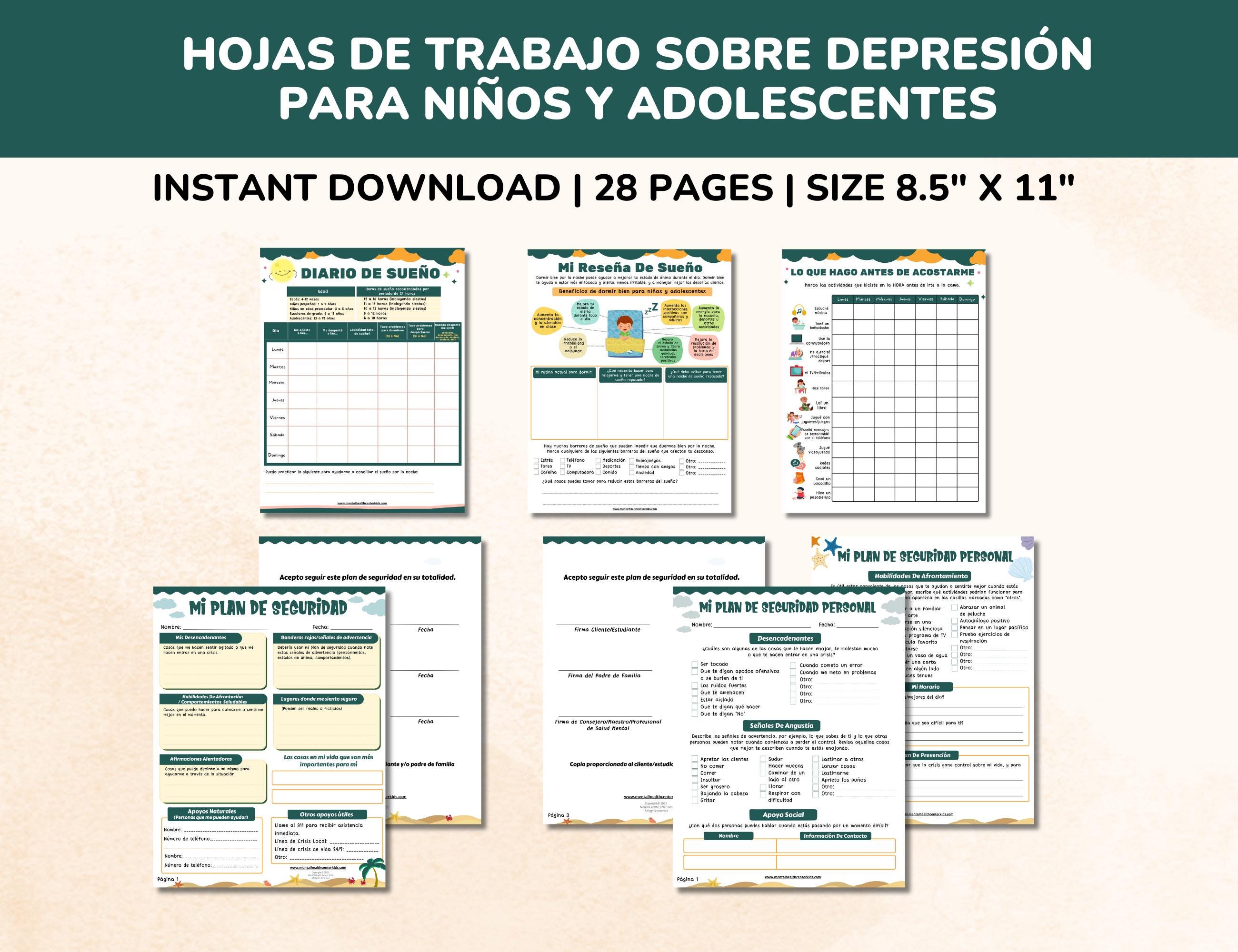 Spanish Depression Worksheets 20 Item Bundle for Kids-teens - Hojas De ...