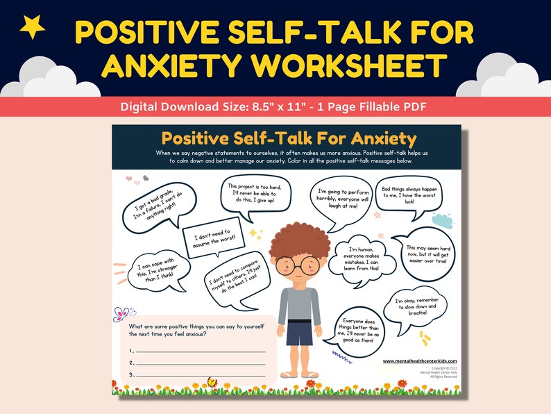 Positive Self-talk for Anxiety Fillable Coping Skills Worksheet for ...