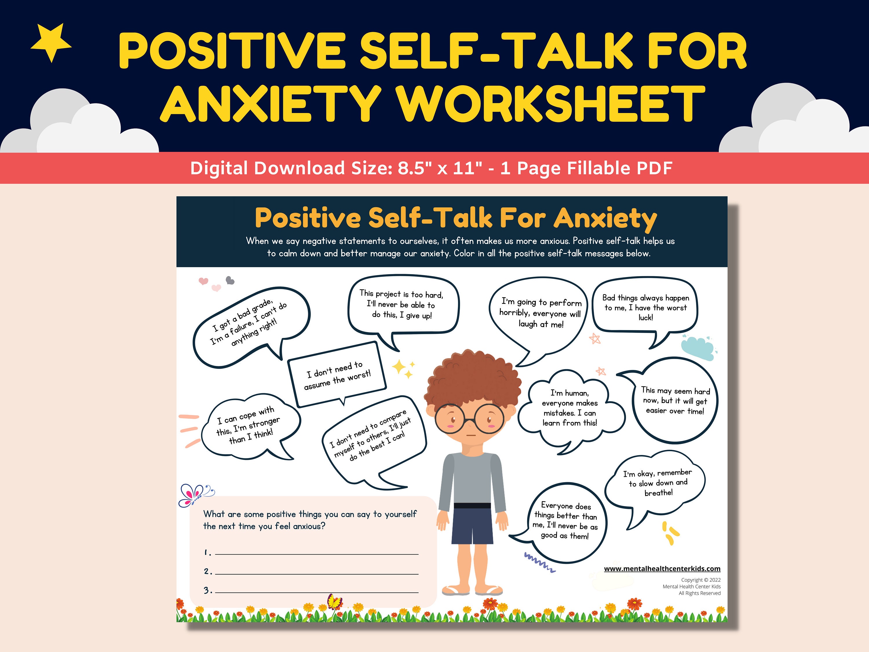 Positive Self-talk for Anxiety Fillable Coping Skills Worksheet for ...