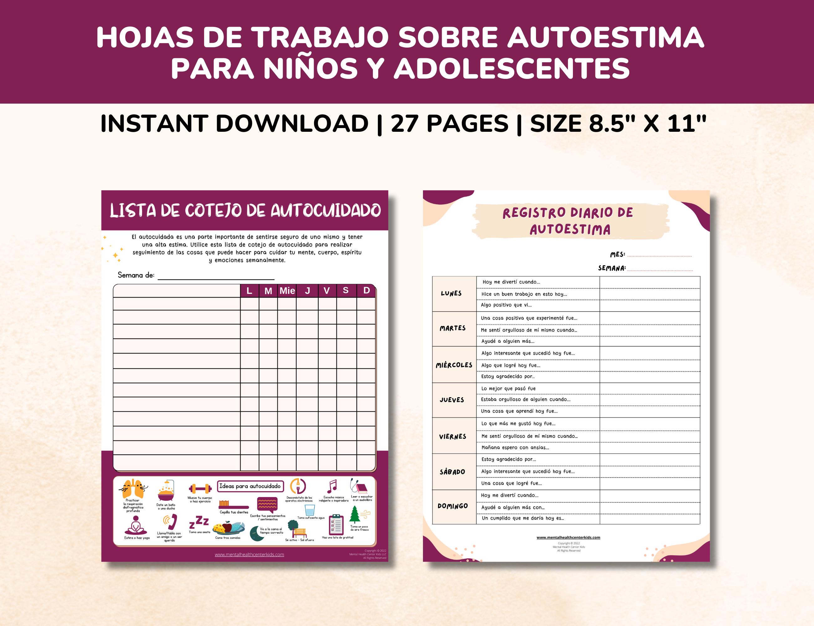 Spanish Self-esteem Worksheets 20 Item Bundle for Kids-teens - Hojas De ...
