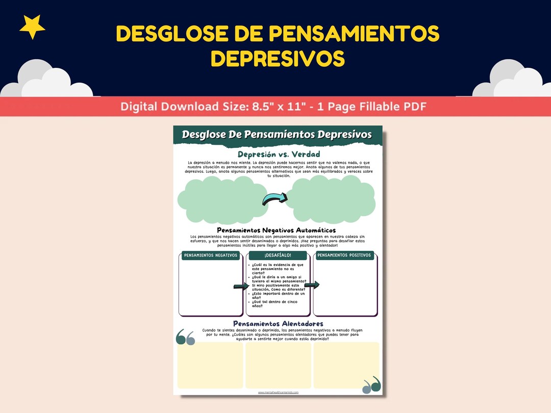 Spanish Depression Worksheet for Kids-teens - Desglose De Pensamientos ...