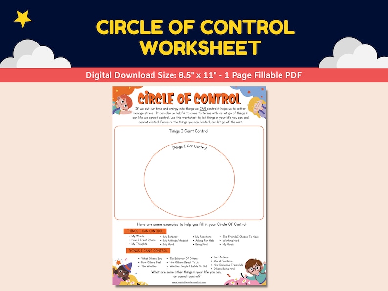 Circle of Control Worksheets for Kids Teens 4 Page Set Printable Coping ...
