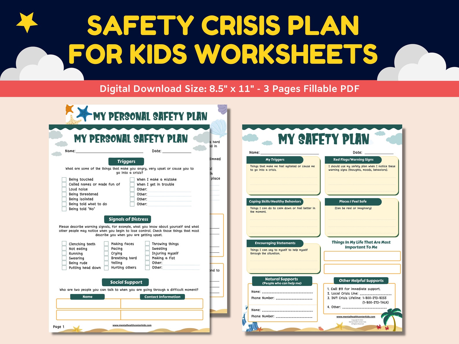 Safety Plan for Kids Teens Printable Crisis Plan Worksheet Mental ...