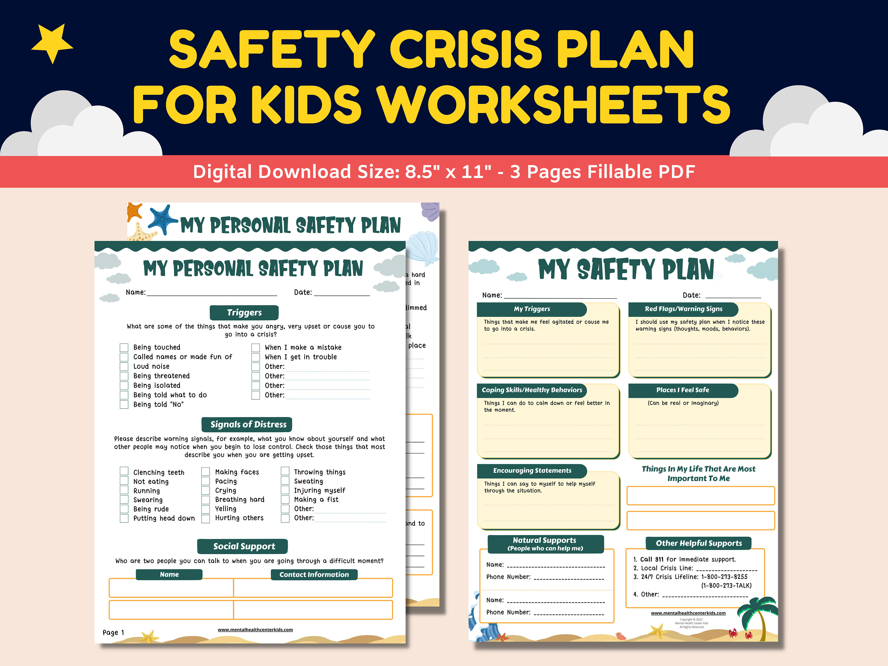 Safety Plan for Kids Teens Printable Crisis Plan Worksheet Mental ...