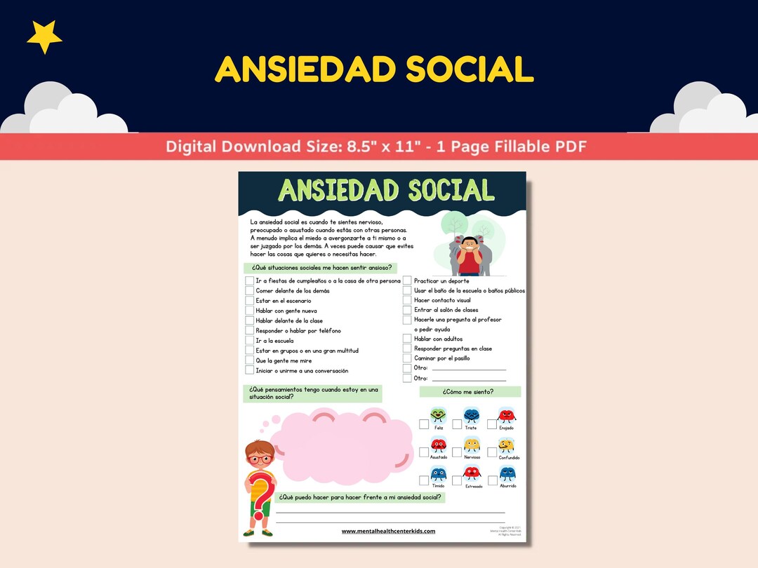 Spanish Anxiety Worksheet for Kids-teens - Ansiedad Social - Social ...