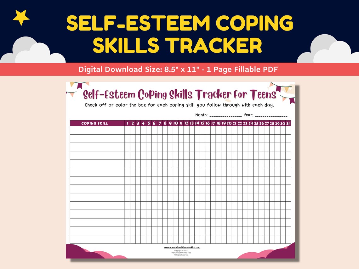 Self-esteem Coping Skills Tracker for Teens Fillable Worksheet Mental ...