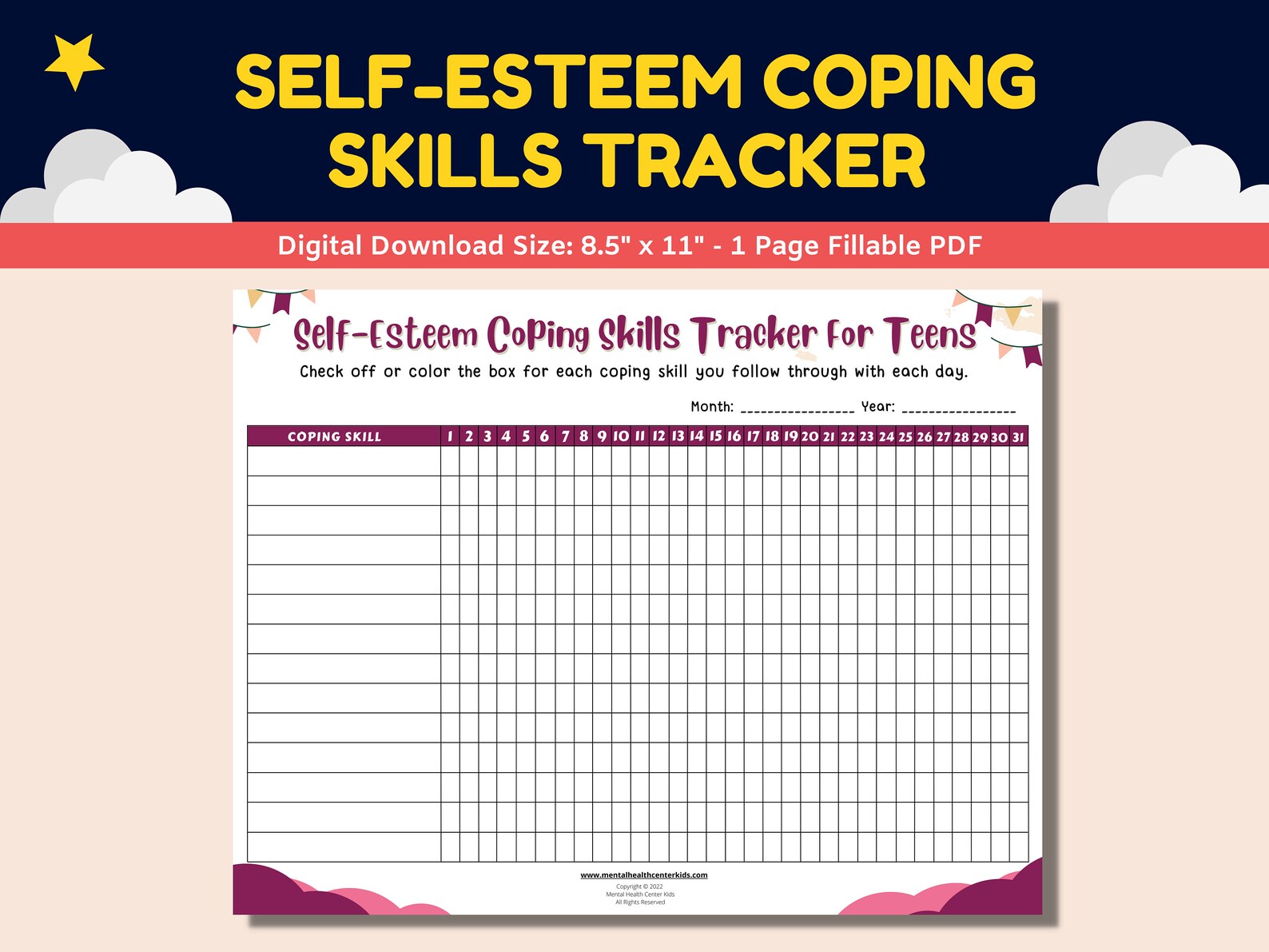 Self-esteem Coping Skills Tracker for Teens Fillable Worksheet Mental ...