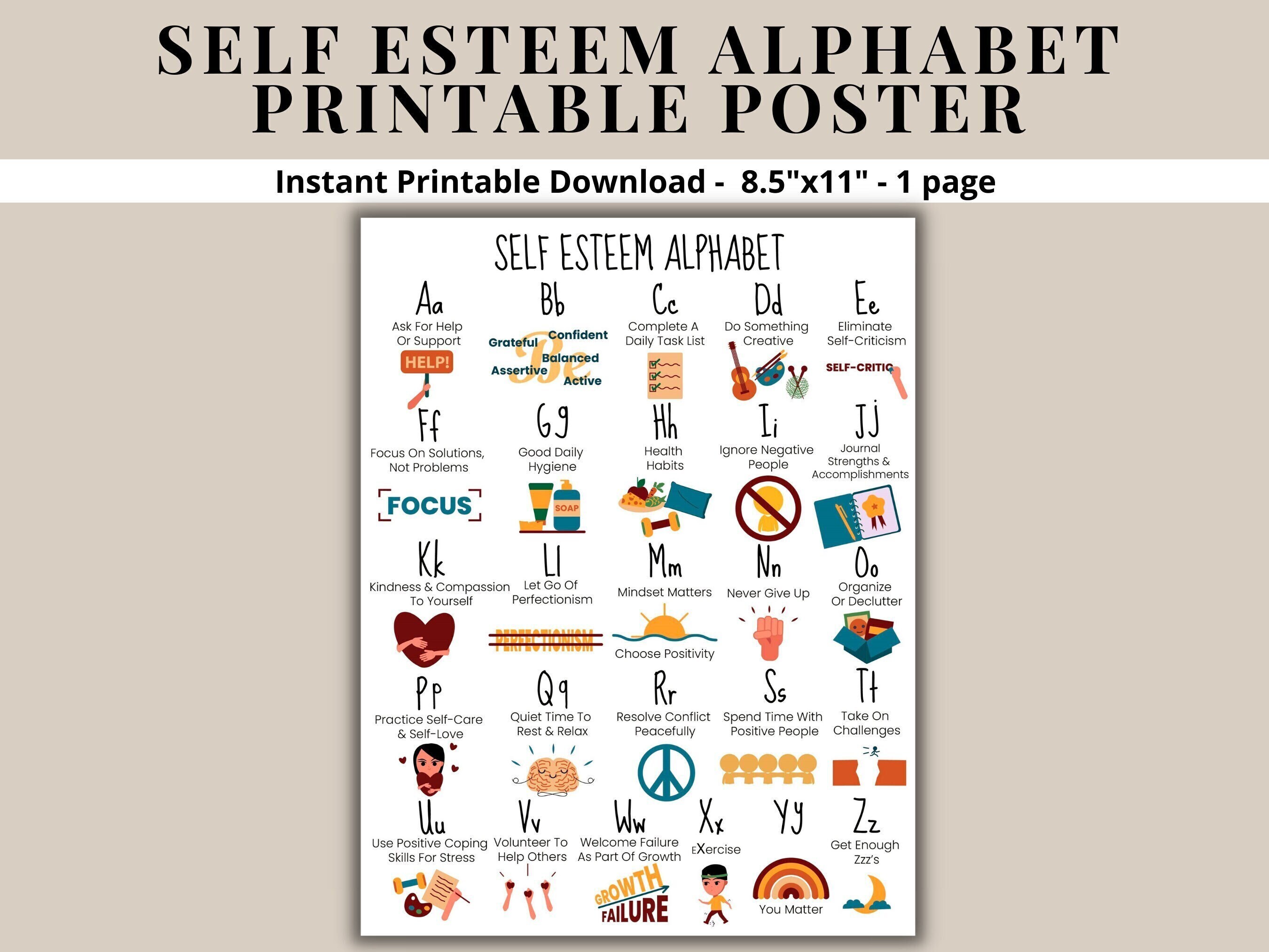 Self Esteem Coping Skills Alphabet Printable Poster Kids ABC | Etsy