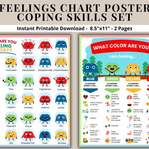 Emotions Poster Feelings Chart Coping Skills 2pg Set Kids | Etsy