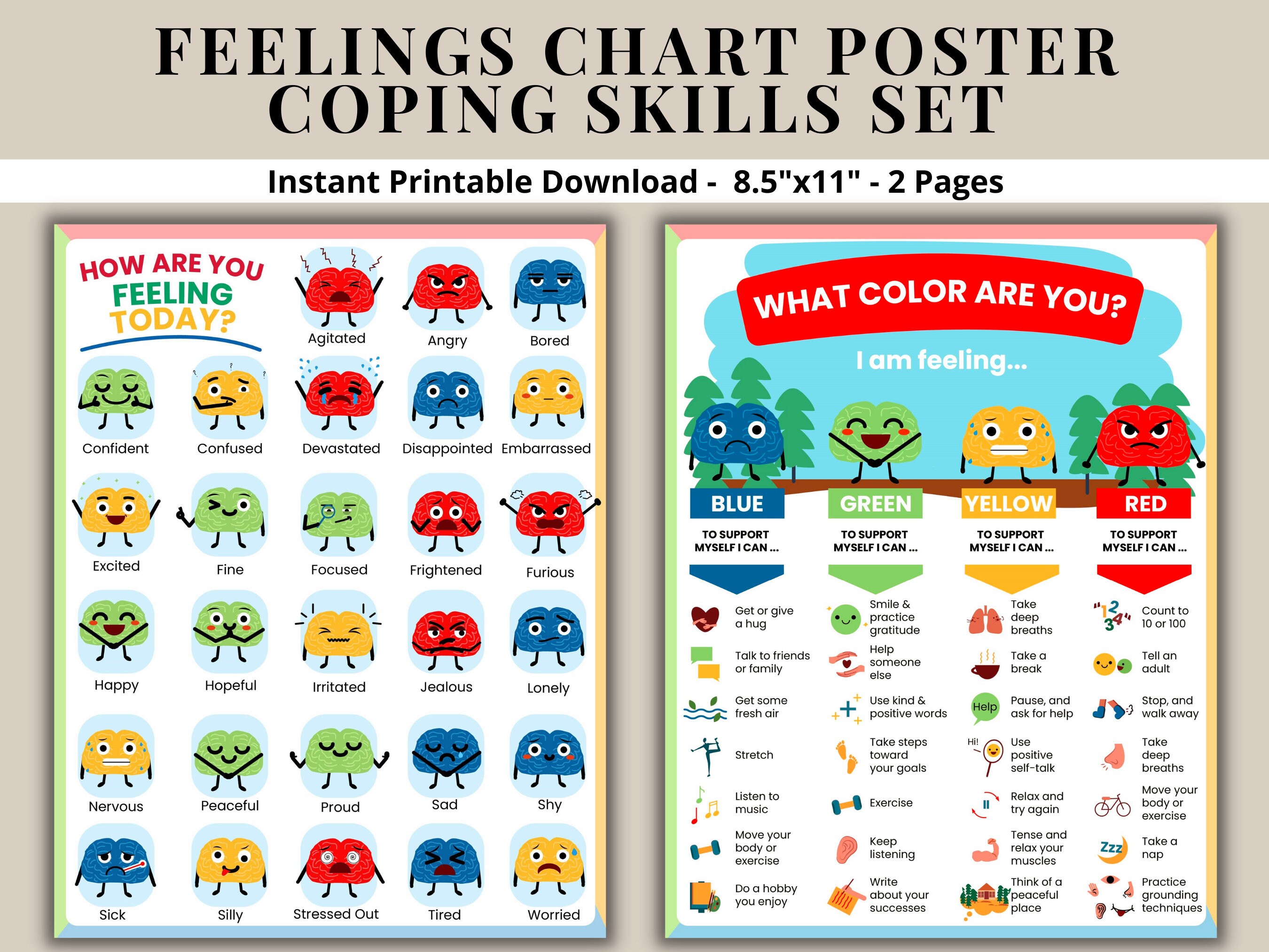 Emotions Poster Feelings Chart Coping Skills 2pg Set Kids - Etsy