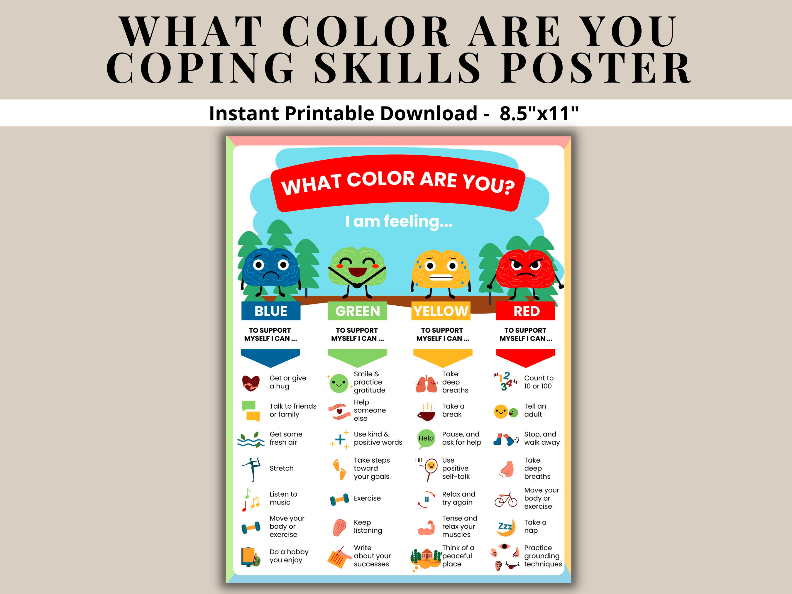 Emotions Poster Feelings Chart Coping Skills 2pg Set Kids Teens ...