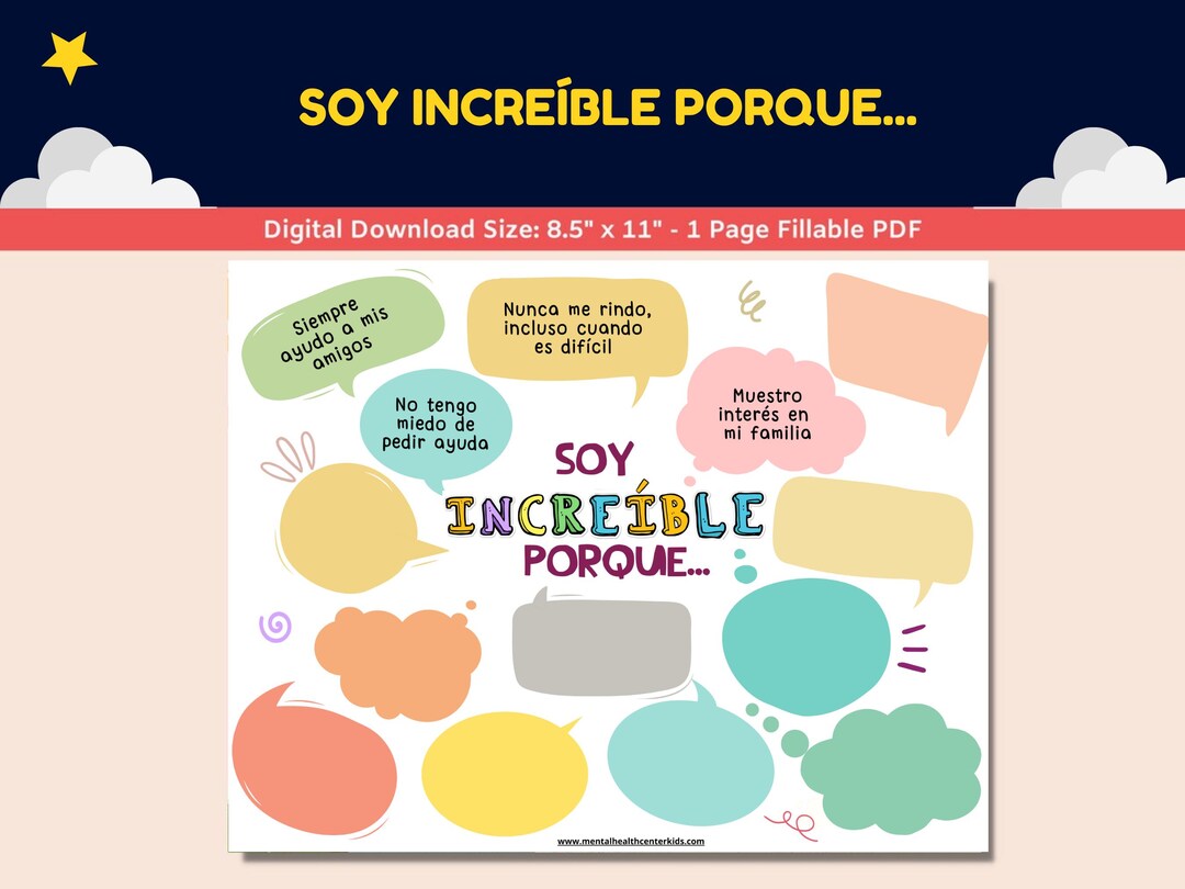 Spanish Self-esteem Worksheet for Kids-teens - Soy Increíble Porque - I ...