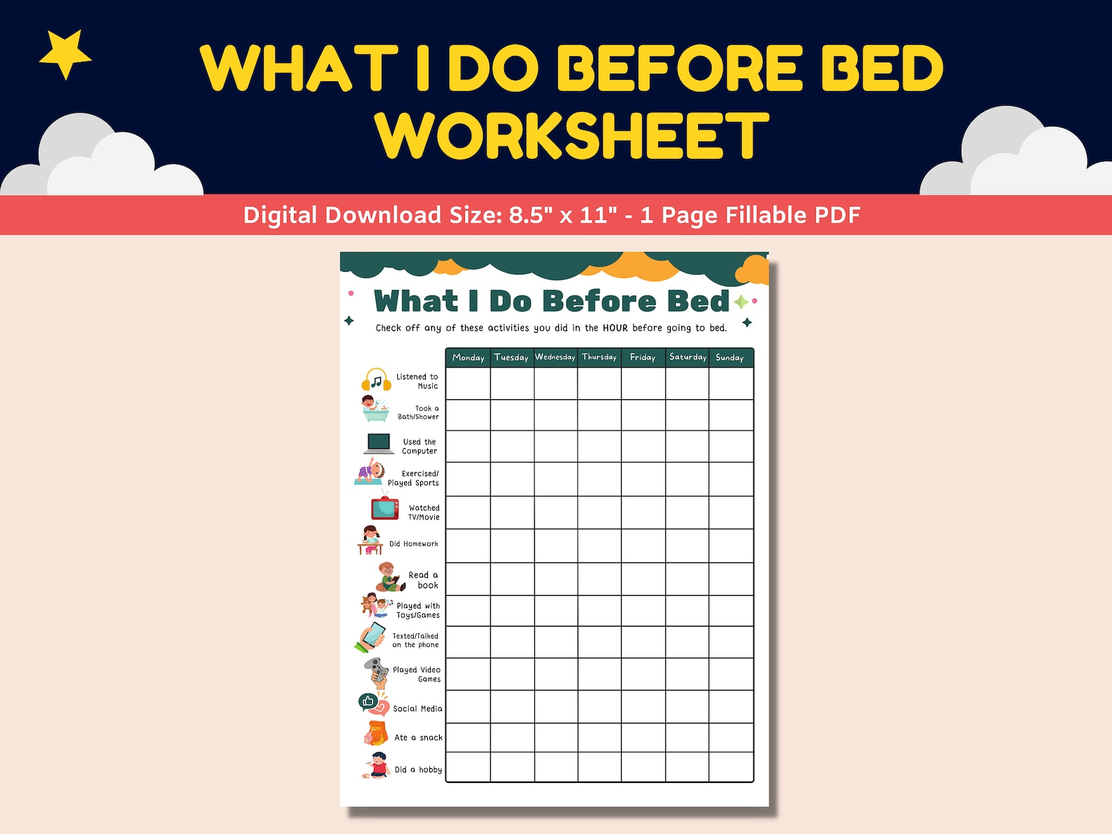 Sleep Hygiene Tracker Printable Worksheets for Kids Teens 3 - Etsy