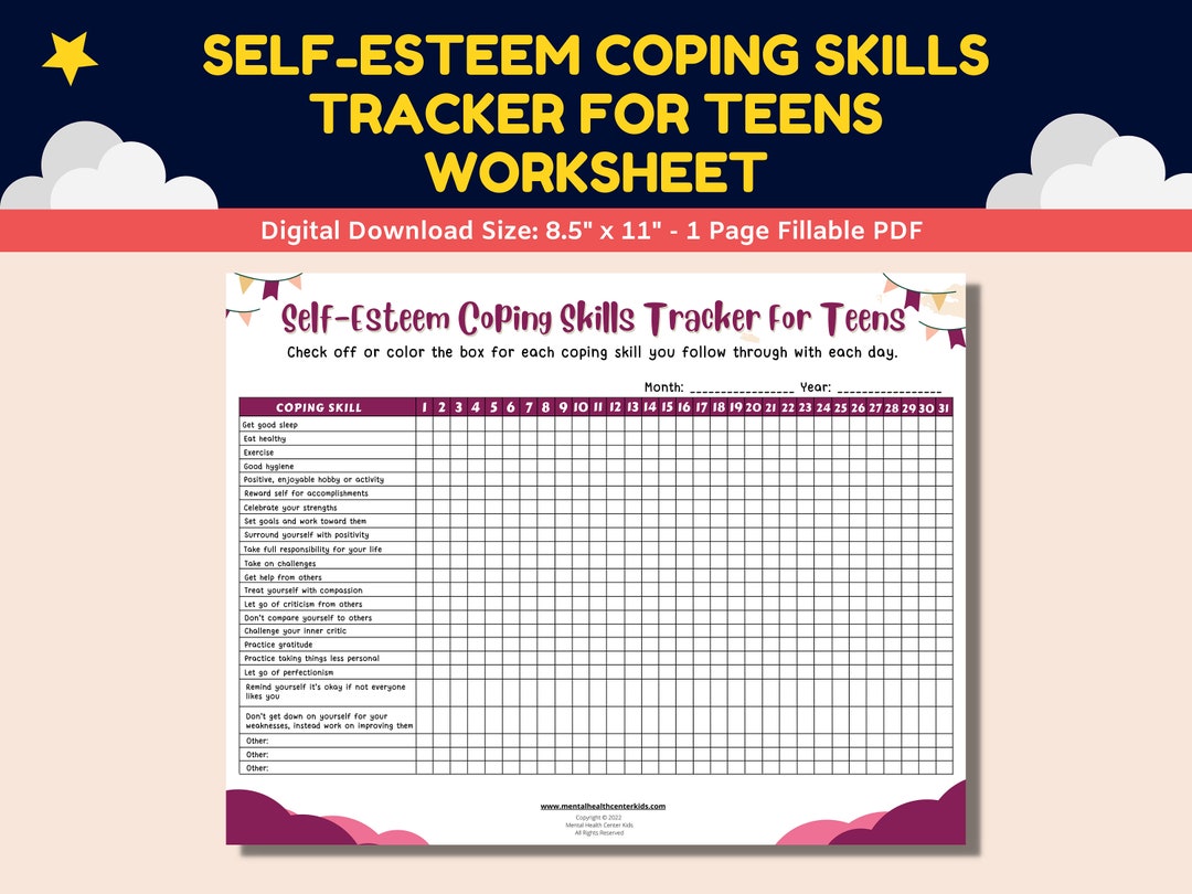 Self-esteem Coping Skills Tracker for Teens Fillable Worksheet Mental ...
