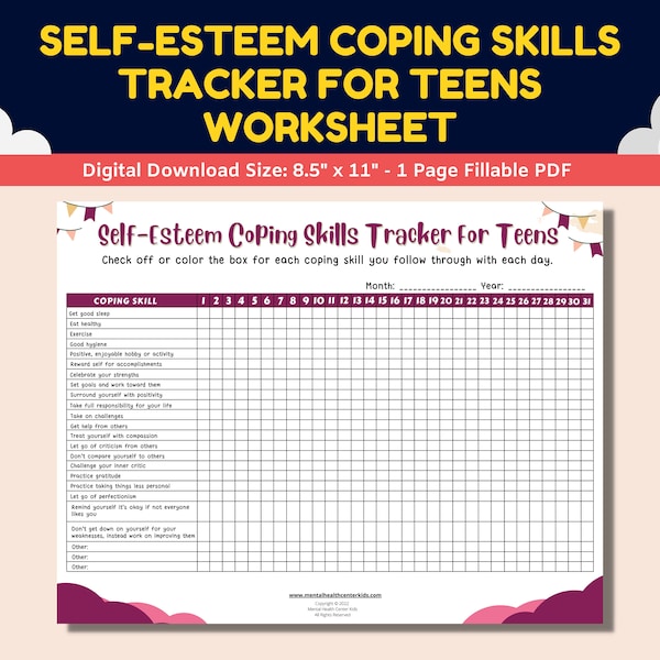 Self Esteem Coping Skills Tracker for Teens Fillable Worksheet Mental ...