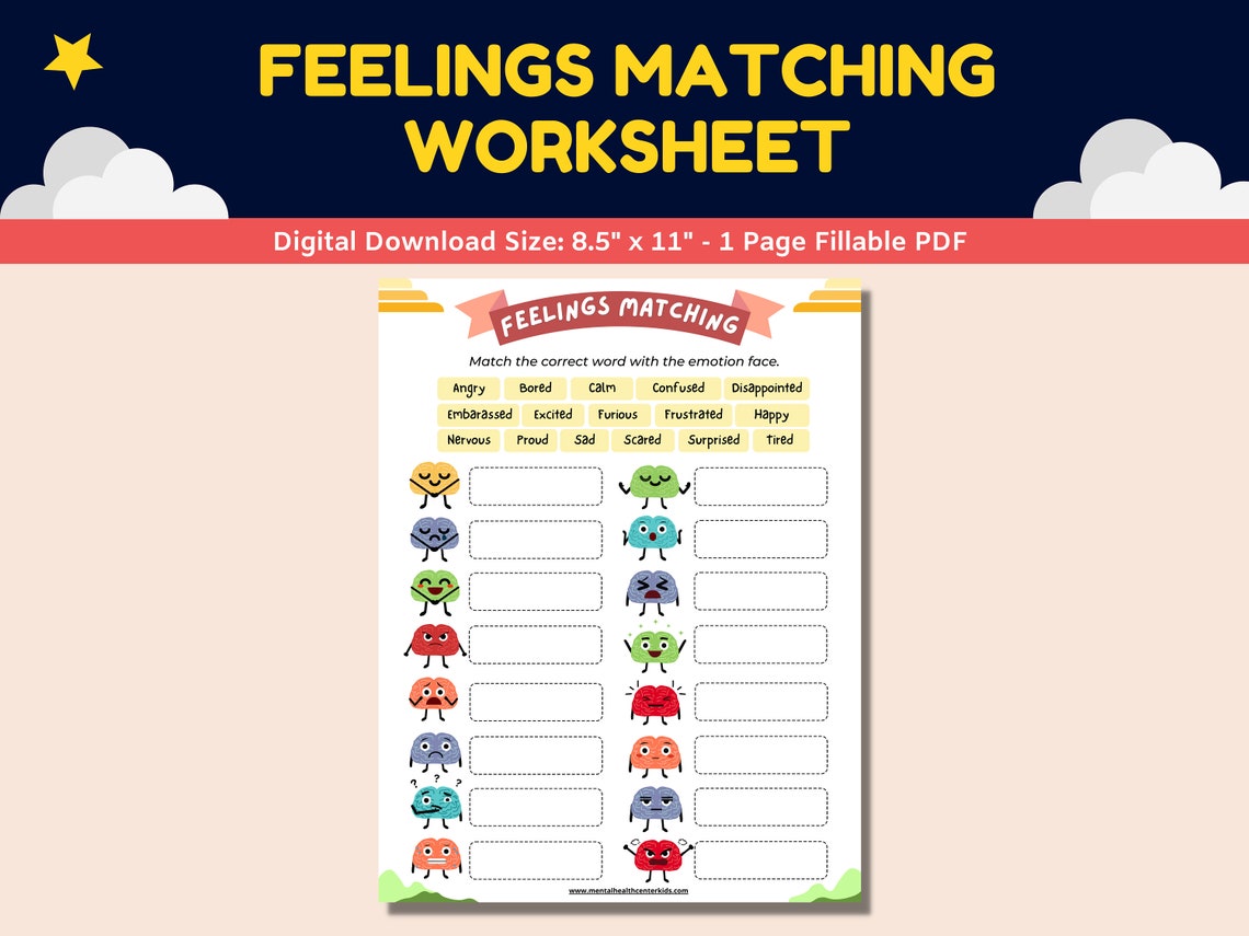 Identifying Feelings & Emotions Matching Worksheet for Kids-emotional ...