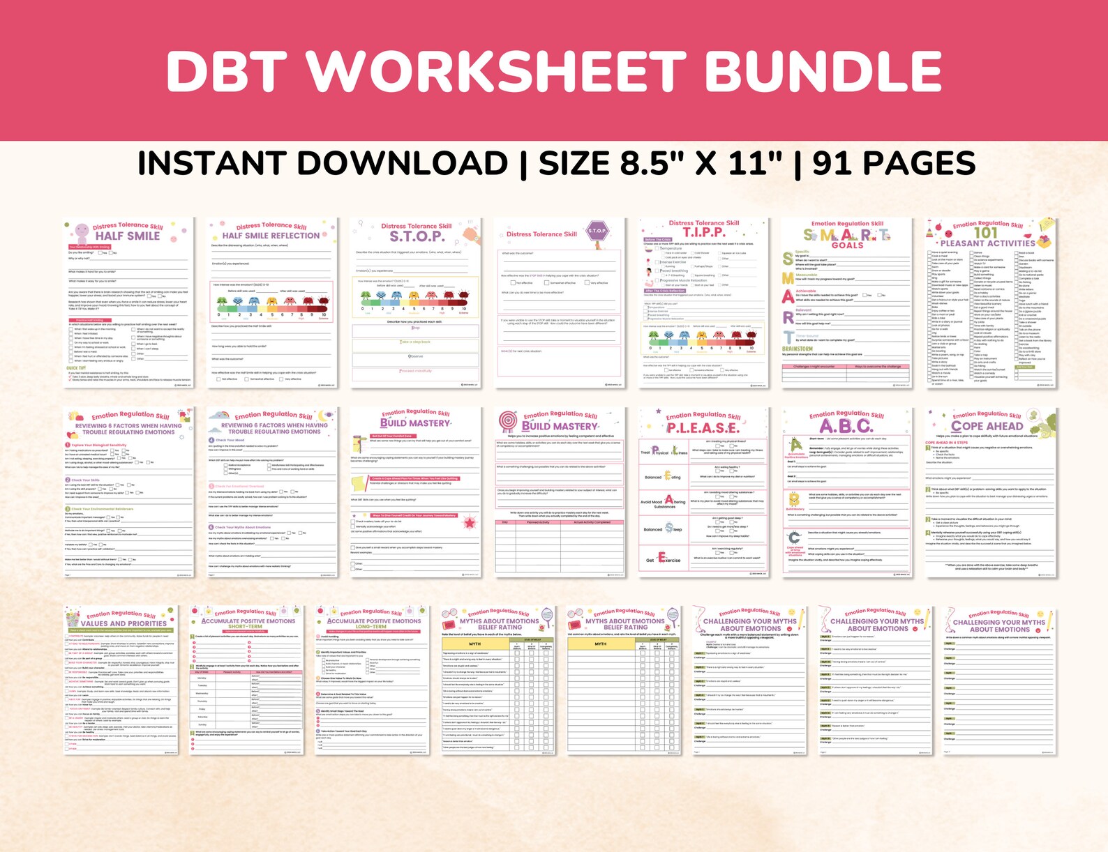 DBT Worksheets Bundle Kids-teens-adults-91 Pgs DBT Coping Skills ...